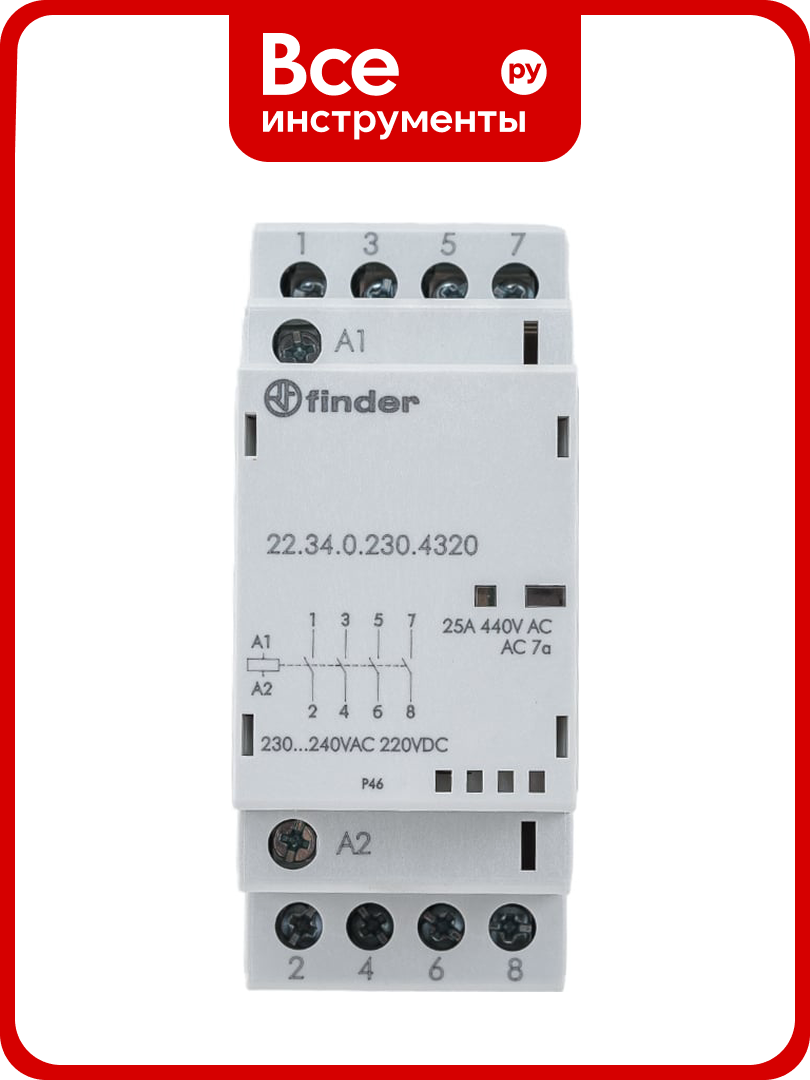 Модульный контактор Finder 4 NO, Механический индикатор + Светодиод Контакты