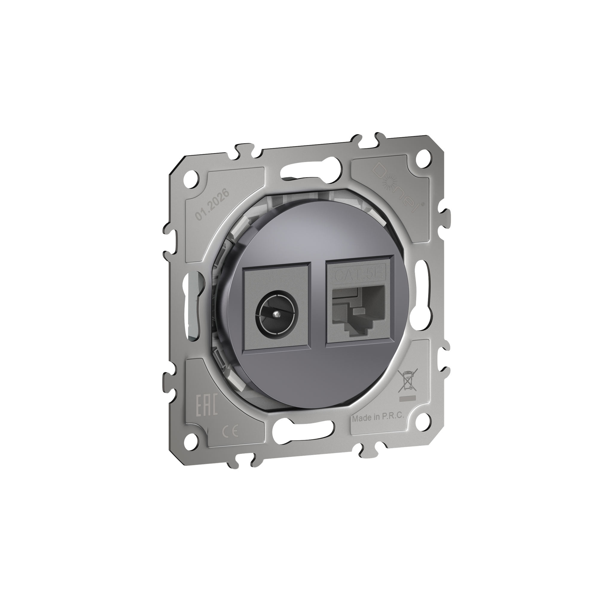 Розетка комбинированная RJ45 cat.5e + TV/SAT простая с разъёмом папа, цвет сталь, серия D16, Donel