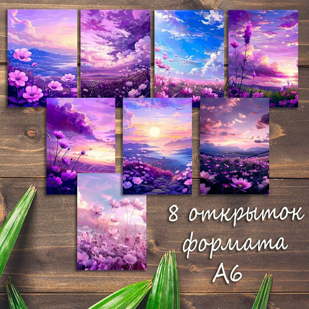 Большой набор открыток Фиолетовые цветы, 8 штук
