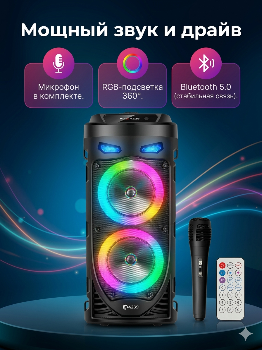 Портативная большая Bluetooth колонка ZQS-4239 с караоке и светомузыкой: мощный звук и стильный дизайн