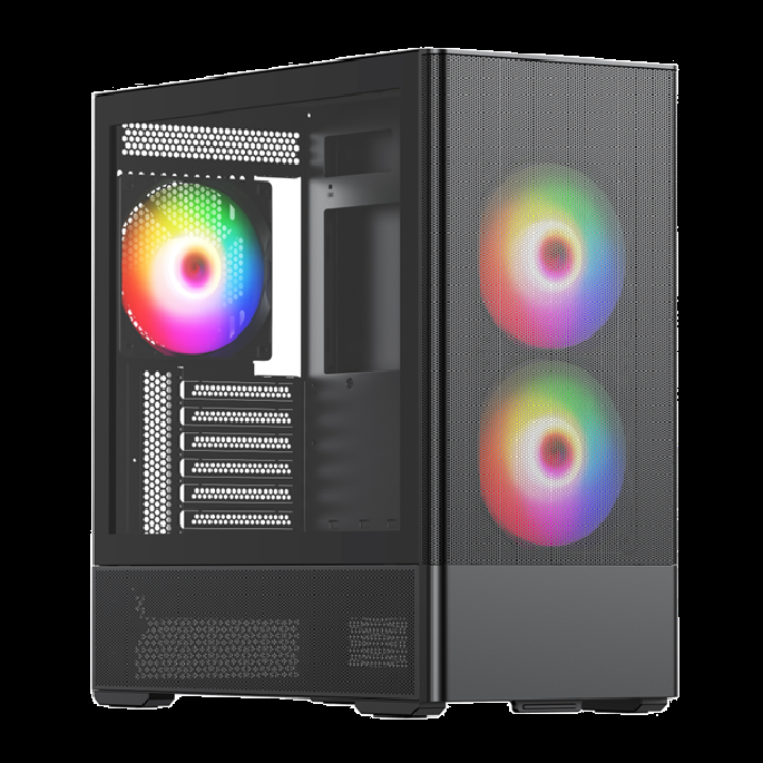 Корпус без блока питания/ Case HSPD M712, Mesh Mid Tower, Black, TG, 0.6 SPCC, 3x140mm ARGB, E-ATX, ATX, mATX, mITX, 175/410/160mm, 2x2.5", 2x3.5