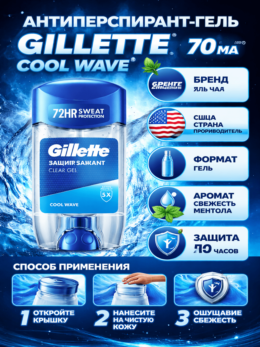 Антиперспирант-гель Gillette Cool Wave, 70мл