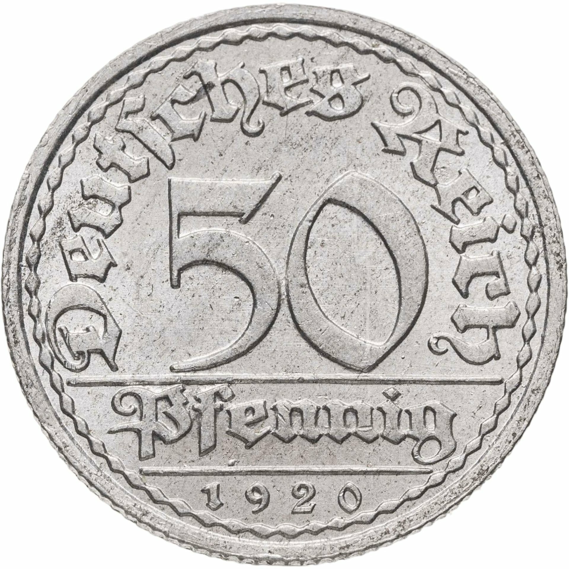 Германия Веймарская республика 50 пфеннигов pfennig 1920 А знак монетного двора "А" — Берлин, Алюминий, в сохранности AU