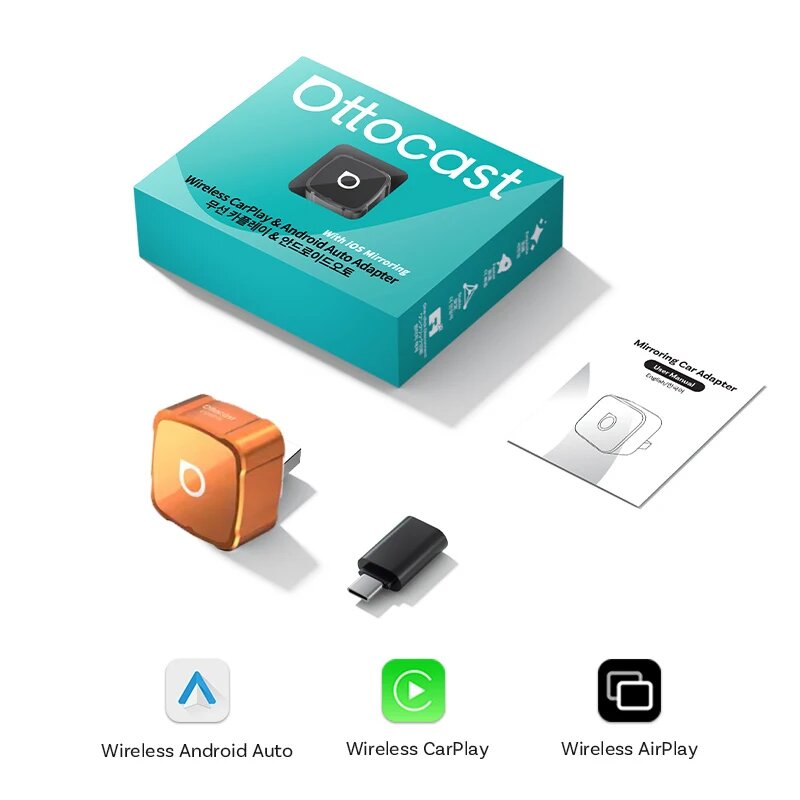 Автомобильная беспроводная система Ottocast MINI AIR 3-в-1 CarPlay на базе Android, совместимая с зеркальным отображением экрана iPhone, подключение и использование без дополнительных настроек, модель 2026 года.
