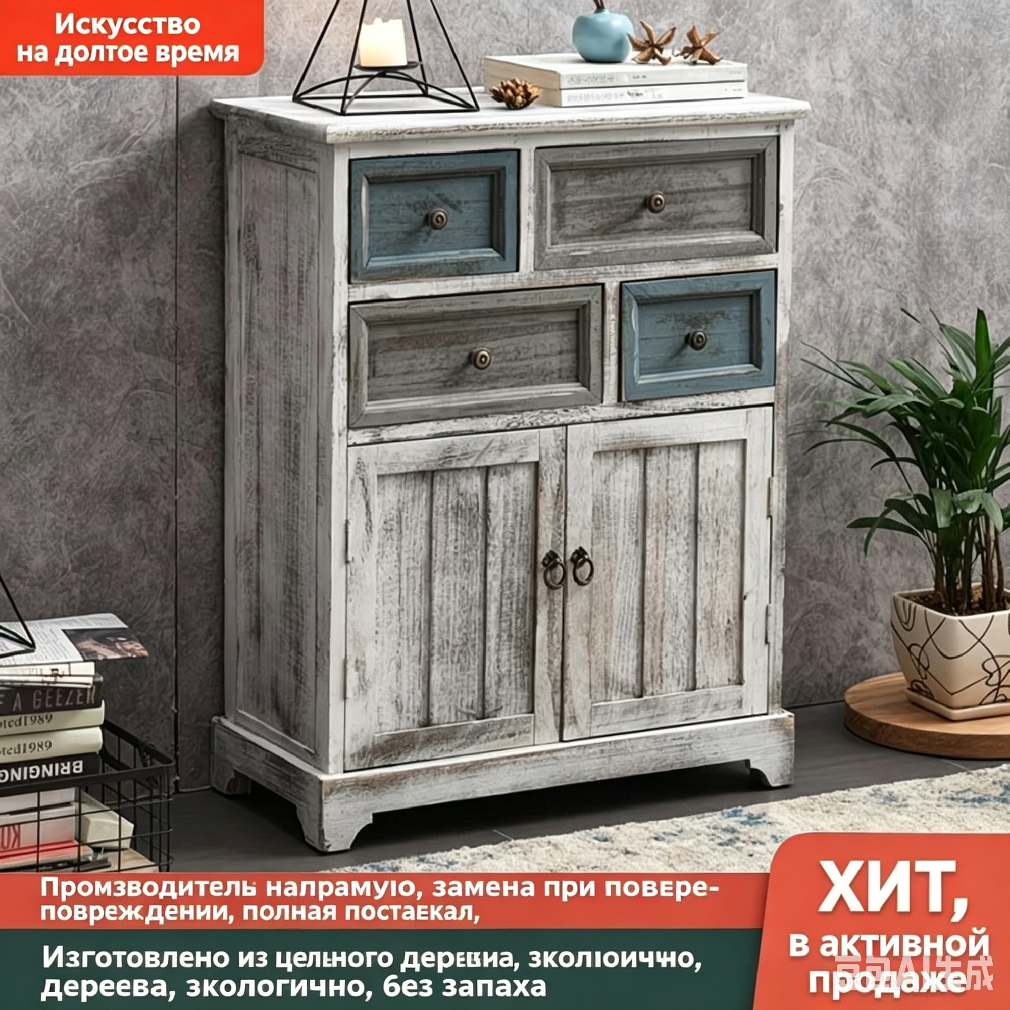 Комод "Арт-Деко", винтажный, средиземноморский стиль, 60x30x77см