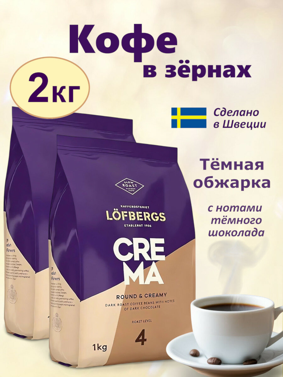 Кофе в зернах Lofsbergs Crema, темная обжарка, арабика/робуста, 2шт по 1 кг