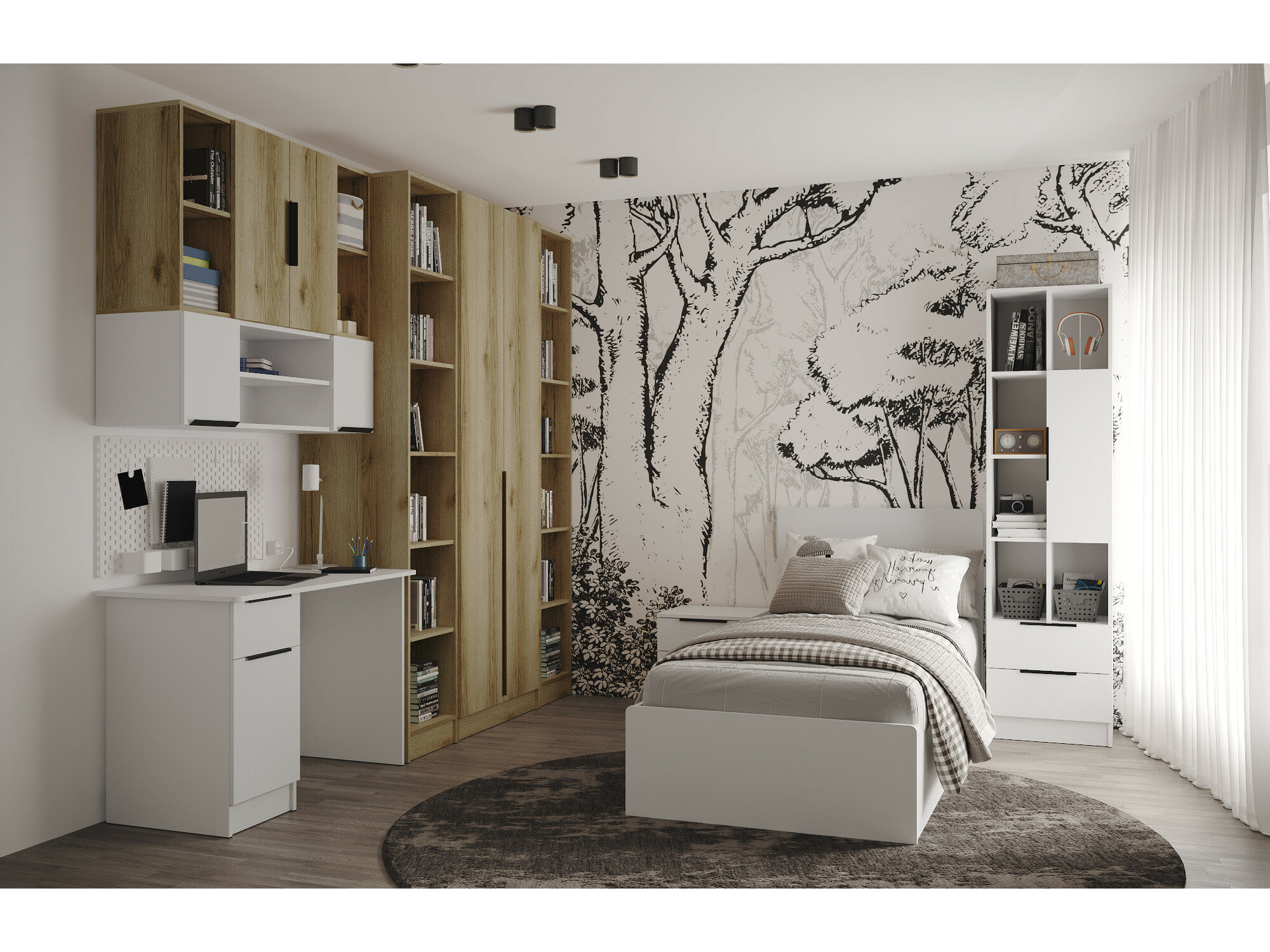Набор мебели для подростковой, спальное место 90х200, Дуб делано/Белый
