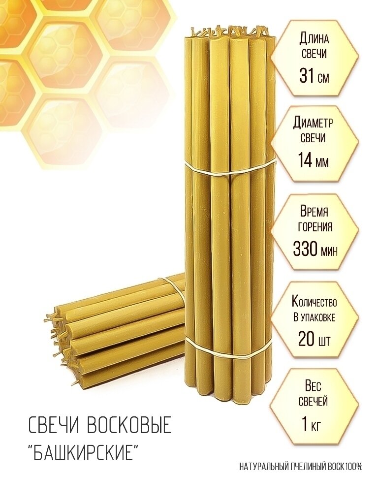 Свечи восковые церковные Алтарные "Башкирские" - 1 кг, 24 шт, 100% пчелиный воск