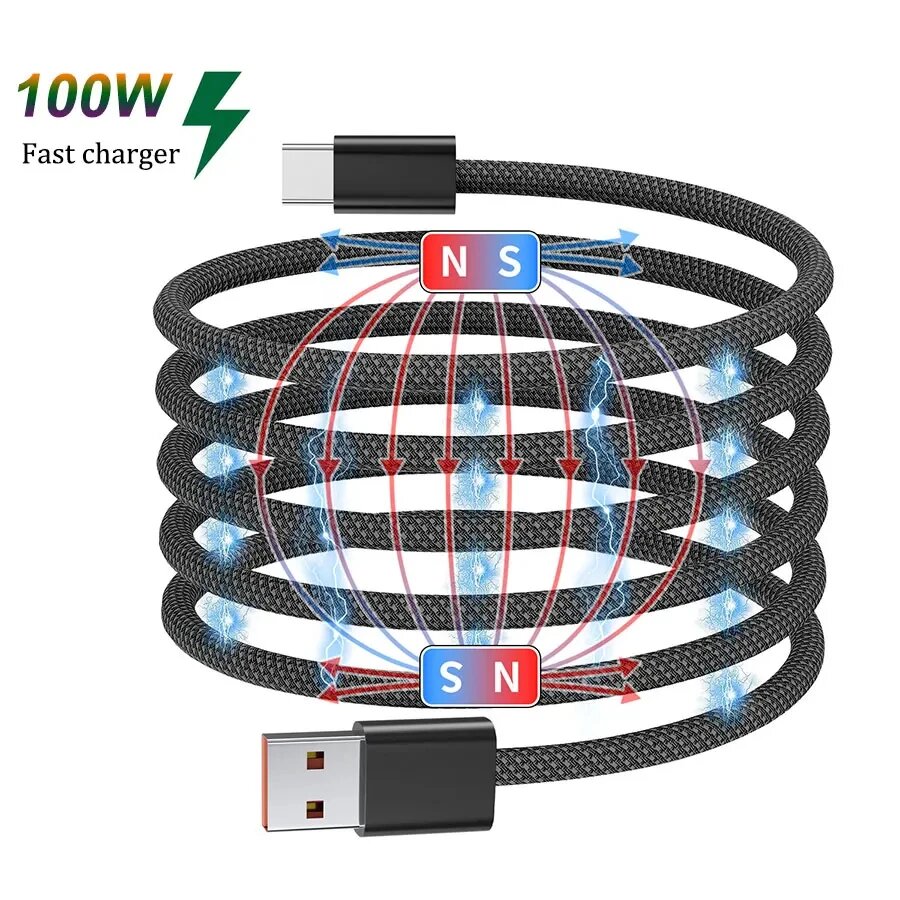 Магнитный кабель USB-C 1m, PD100W, быстрая зарядка
