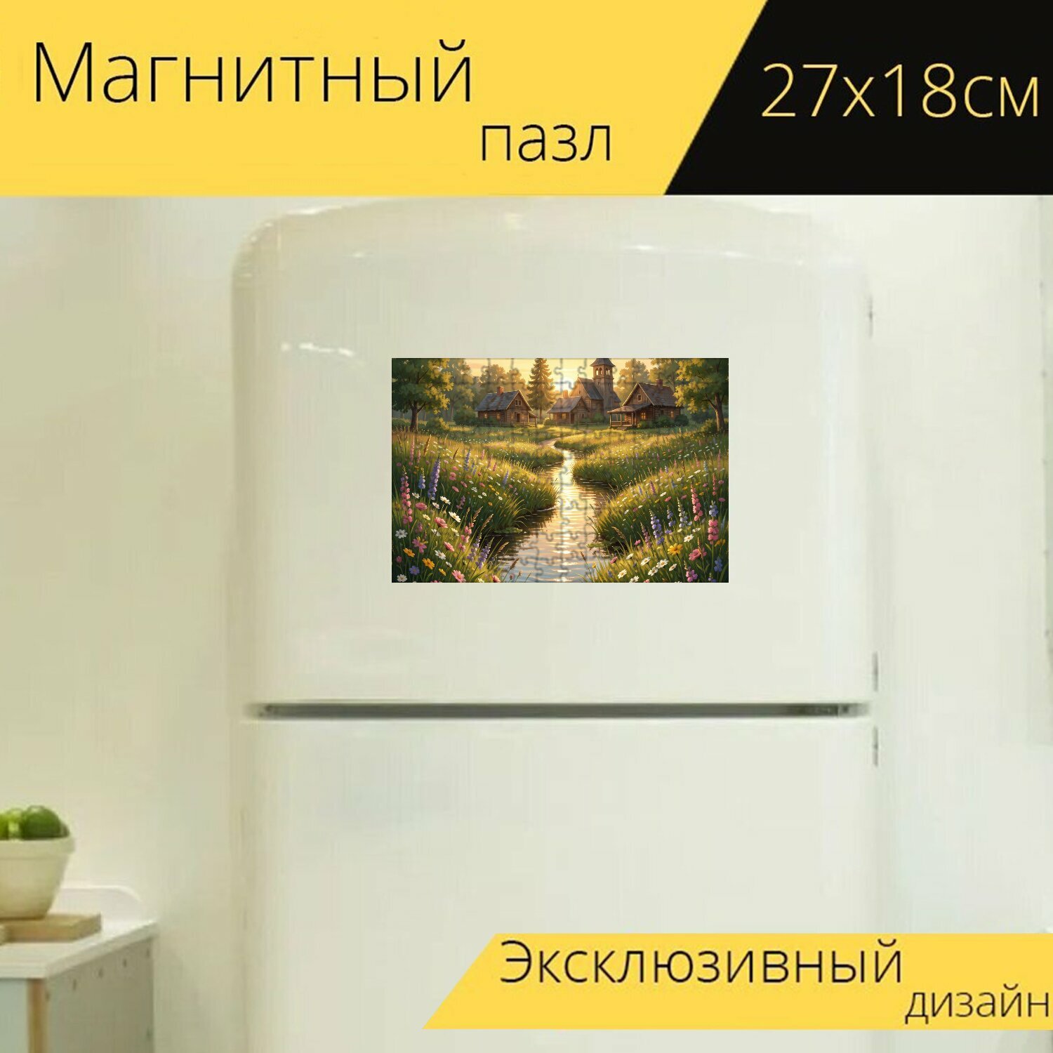 Магнитный пазл "Тихий луг с домиками. Живописная деревенская панорама с деревянными домами, башней часовни и извилистой речкой среди пестрых трав. Мягкое." на холодильник 27 x 18 см.