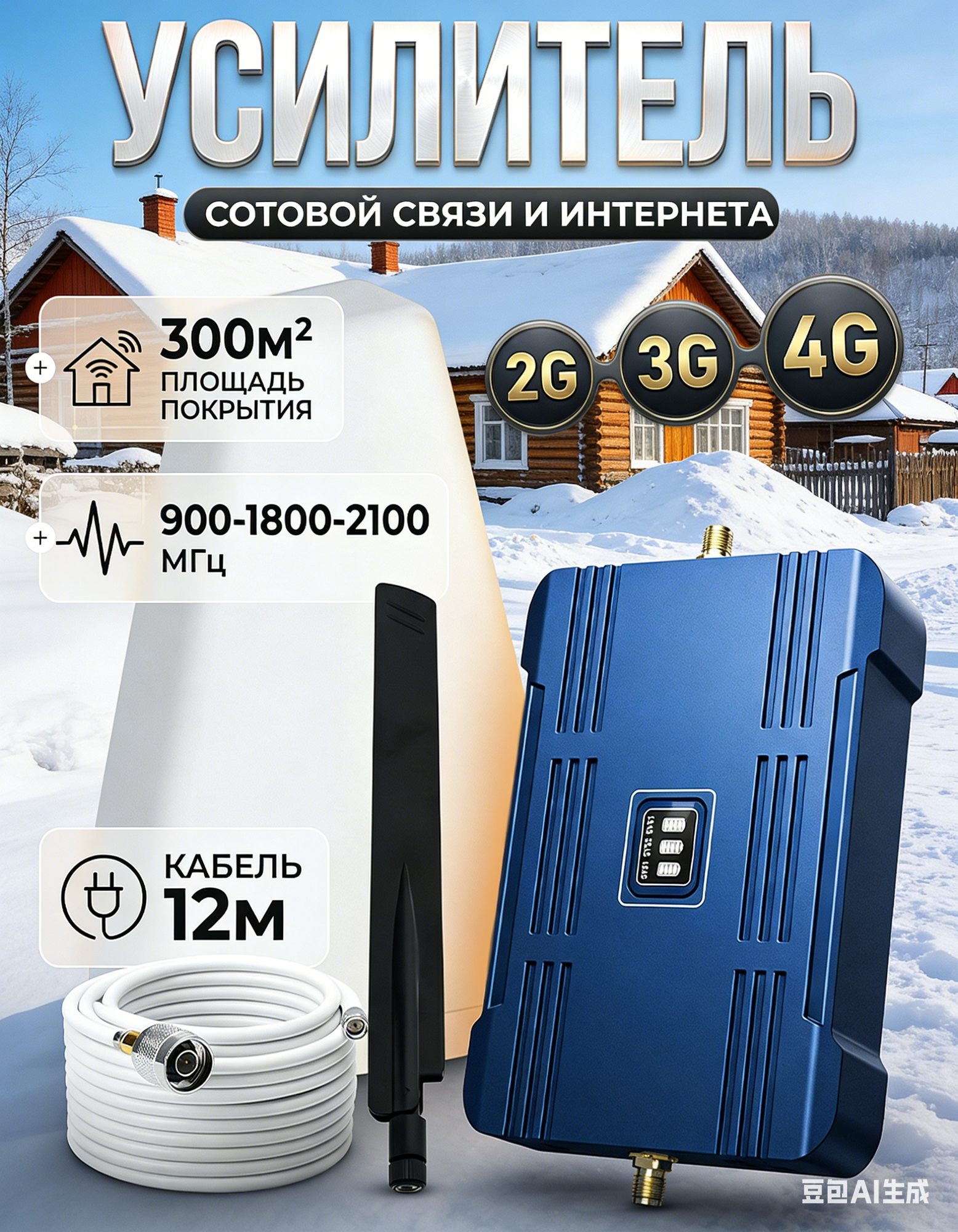Усилитель сотовой связи 900/1800/2100 МГц (2G/3G/4G): до 70 км, направленный, синий, 1.3 кг