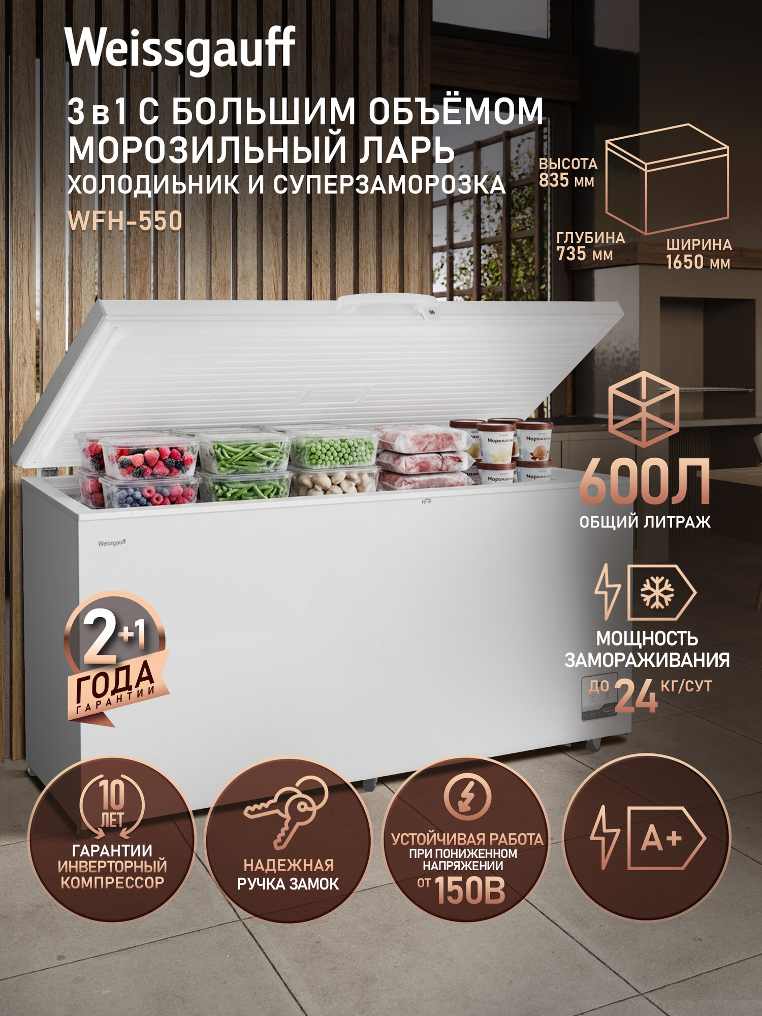 Морозильный ларь с инвертором и функцией холодильника Weissgauff WFH-550