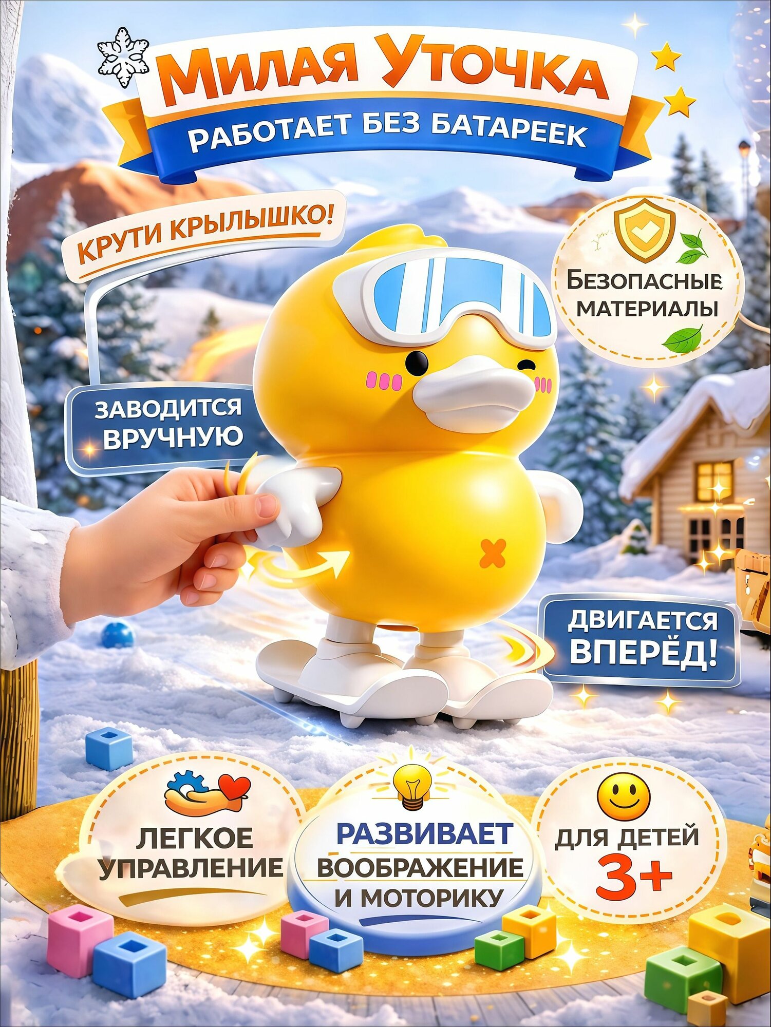 Заводная уточка без батареек для детей 3+, механическая игрушка, едет вперёд, подарок мальчику и девочке