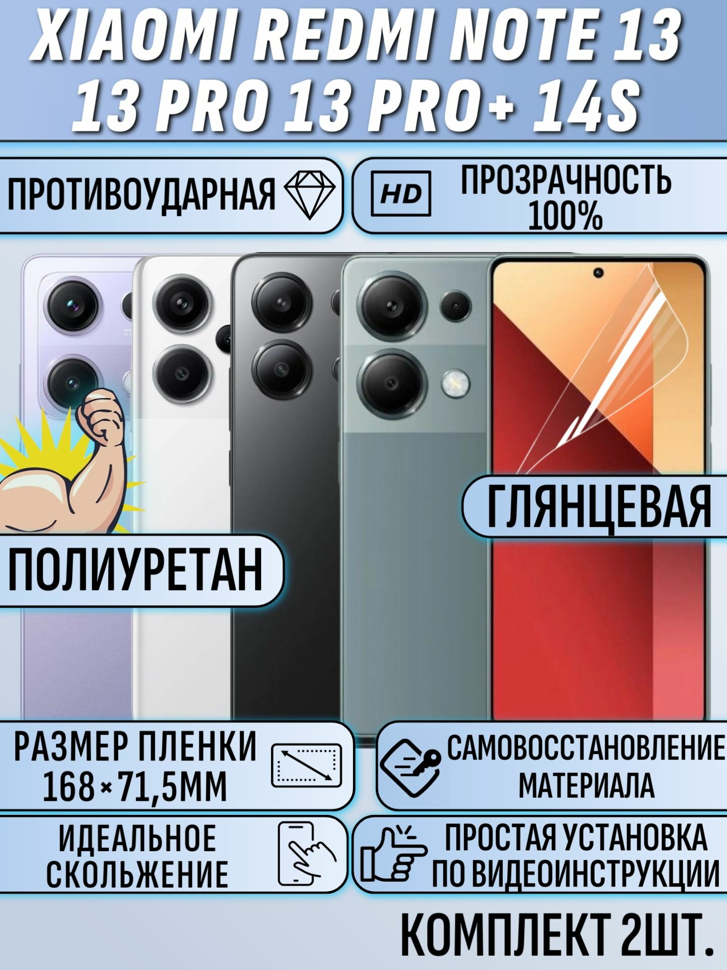 Гидрогелевая пленка xiaomi redmi note 13 pro plus 5g / 13 pro / 13 / 14S / сяоми редми нот 13 про плюс 5G / 13 про / 13 / 14s 2 шт