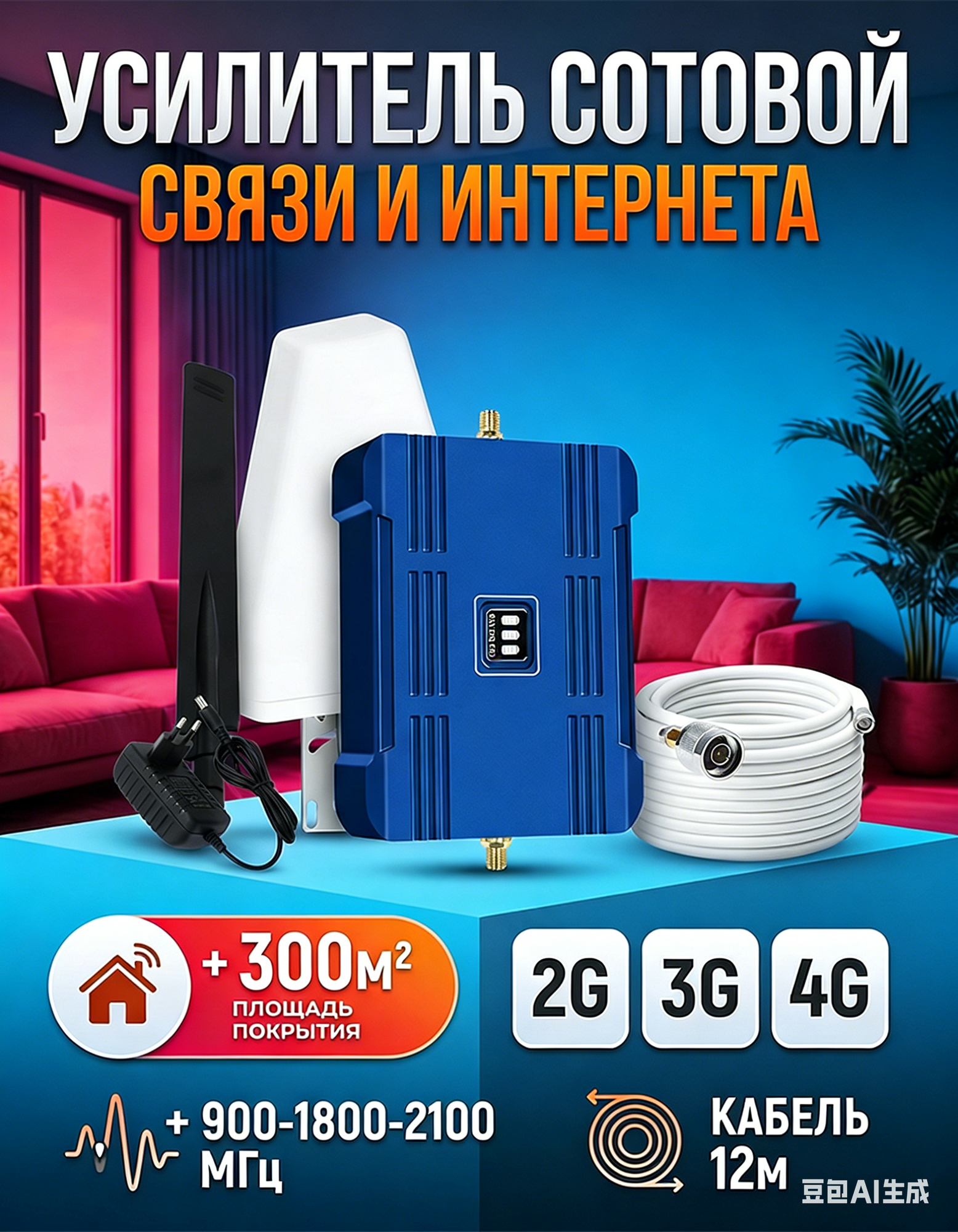 Усилитель сотовой связи 900/1800/2100 МГц (2G/3G/4G): до 70 км, направленный, синий, 1.3 кг