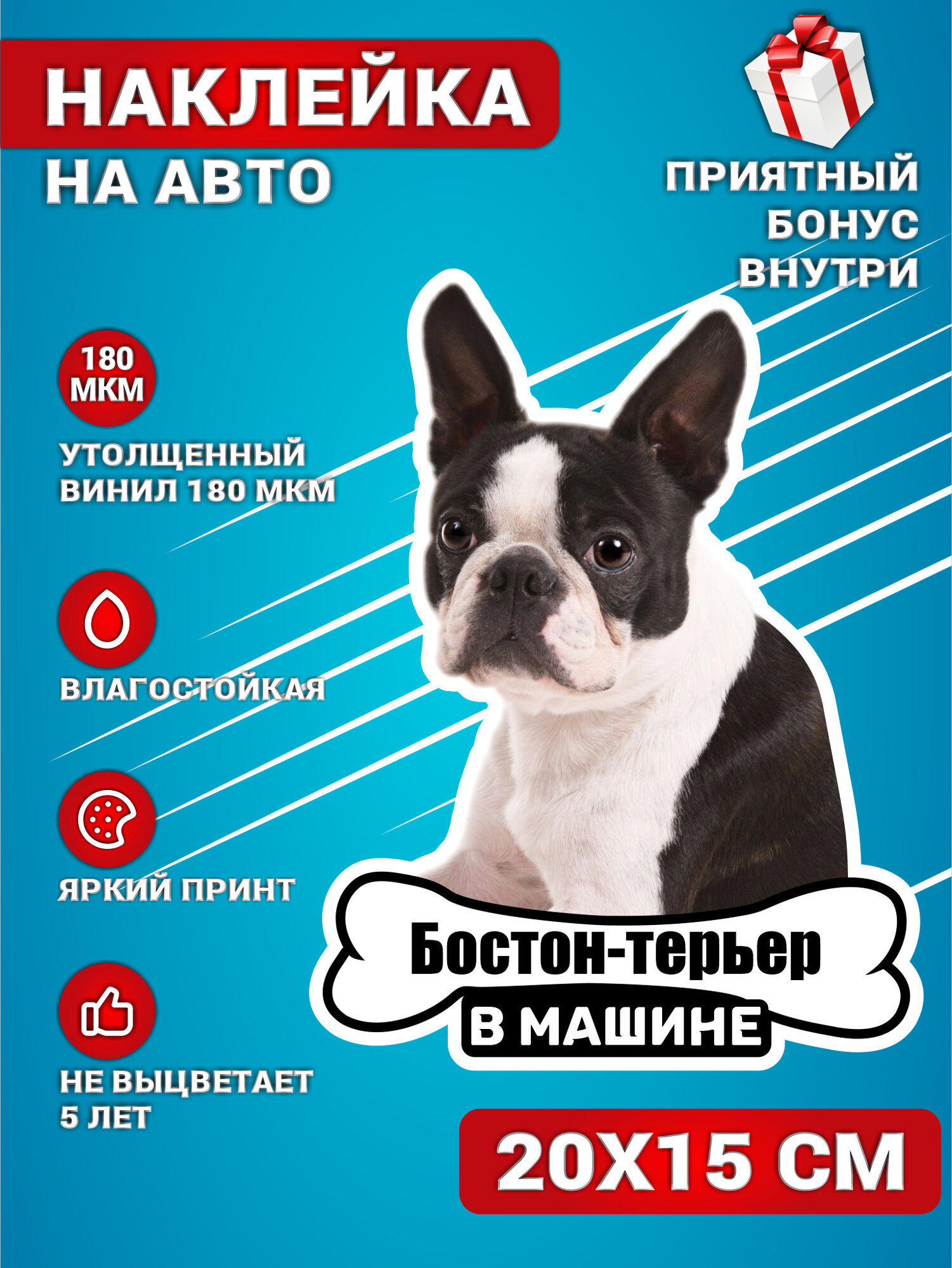 Наклейки на авто стикеры на стекло на кузов авто Бостон терьер собака в машине 20х15 см