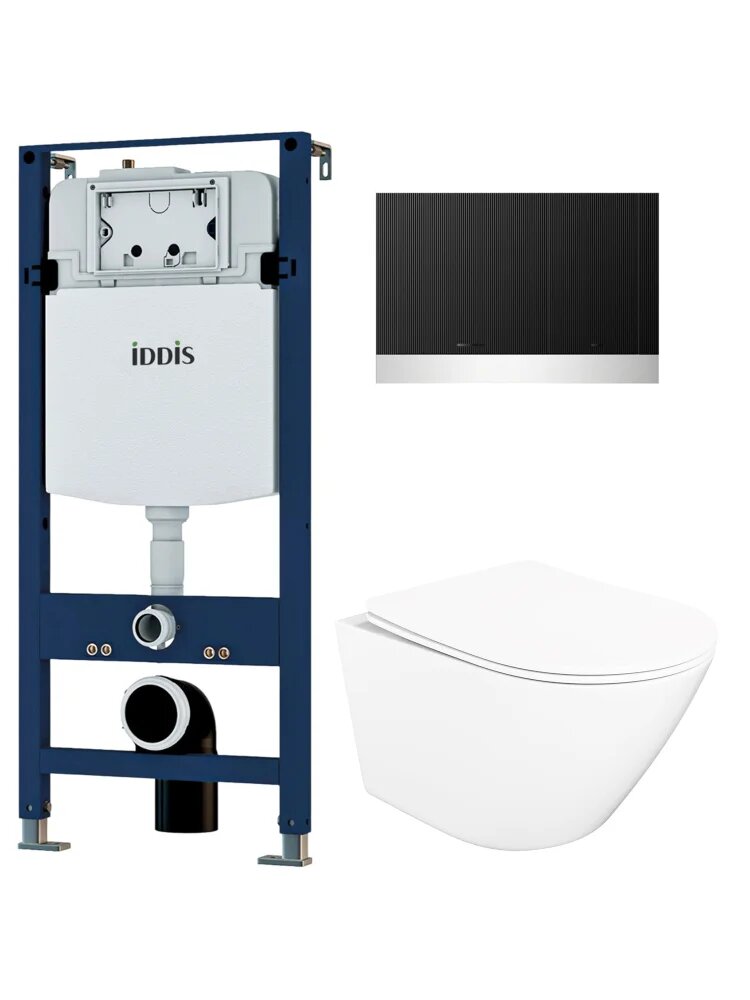 Комплект 4 в 1: Инсталляция IDDIS Профикс (Profix) PRO0000i32 / Унитаз подвесной STWORKI Левангер S07401WH безободковый, с микролифтом / Кнопка Юнификс (Unifix) UNIS1MBi77, Комплект креплений