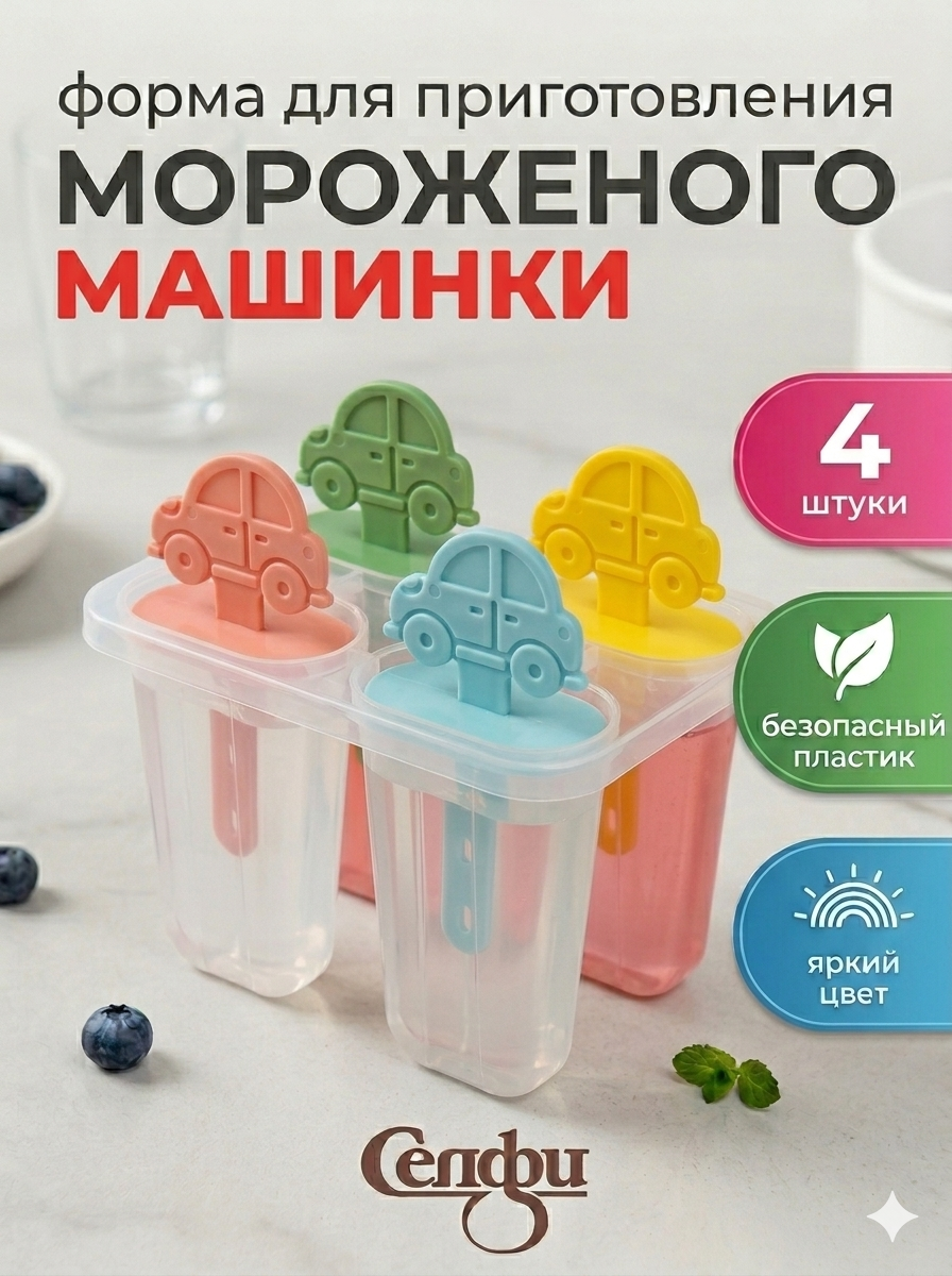 Форма для мороженого «Машинка», 4 шт, яркие цвета, пластиковые крышки