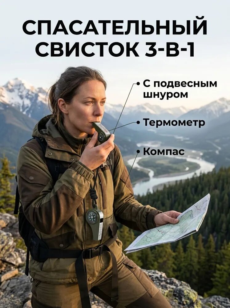 Свисток туристический спасательный 3 в 1 с компасом и термометром