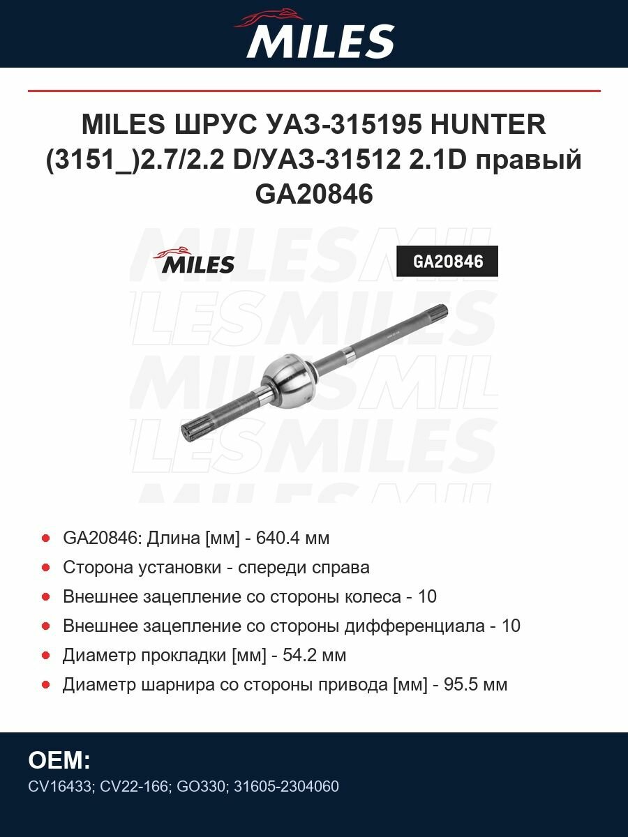 MILES ШРУС УАЗ-315195 HUNTER (3151_)2.7/2.2 D/УАЗ-31512 2.1D правый GA20846