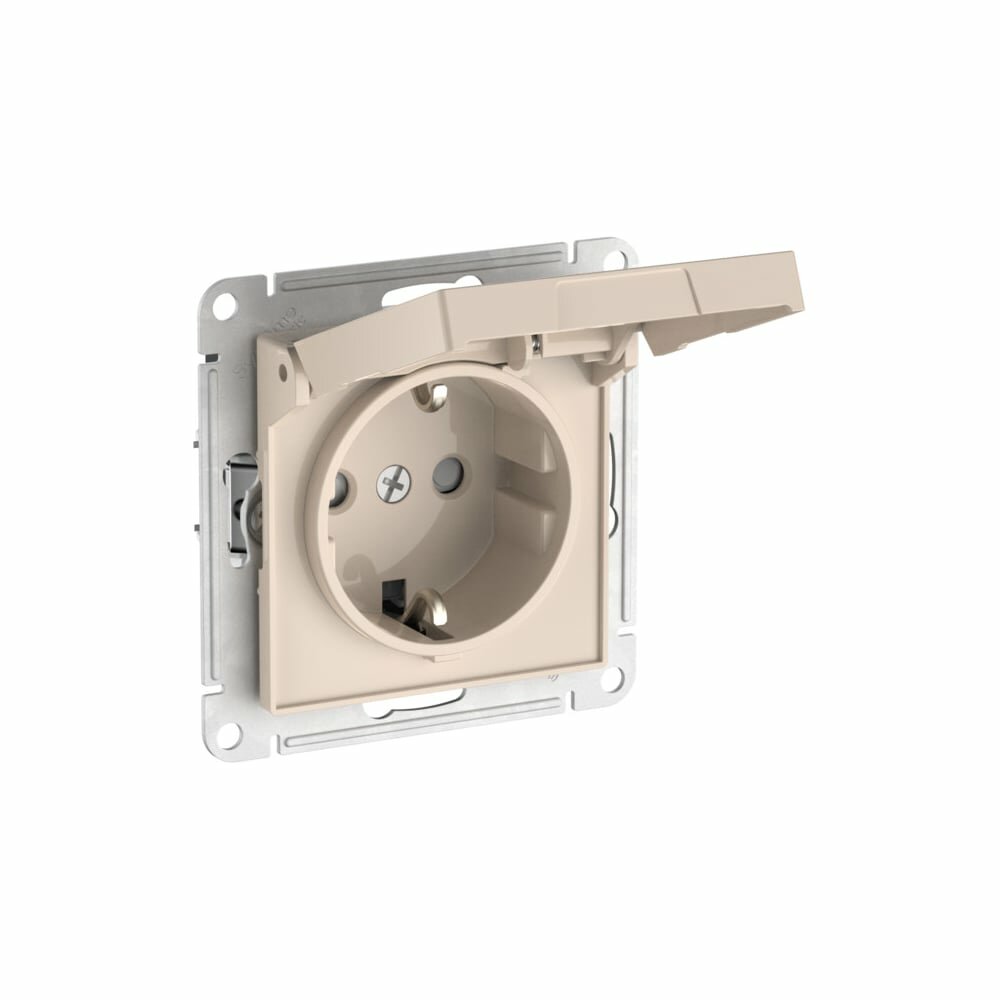 Механизм розетки Systeme Electric ATLASDESIGN с заземлением, со шторками, с крышкой, 16А, IP20, быстрозажимная клемма, бежевый ATN000246S