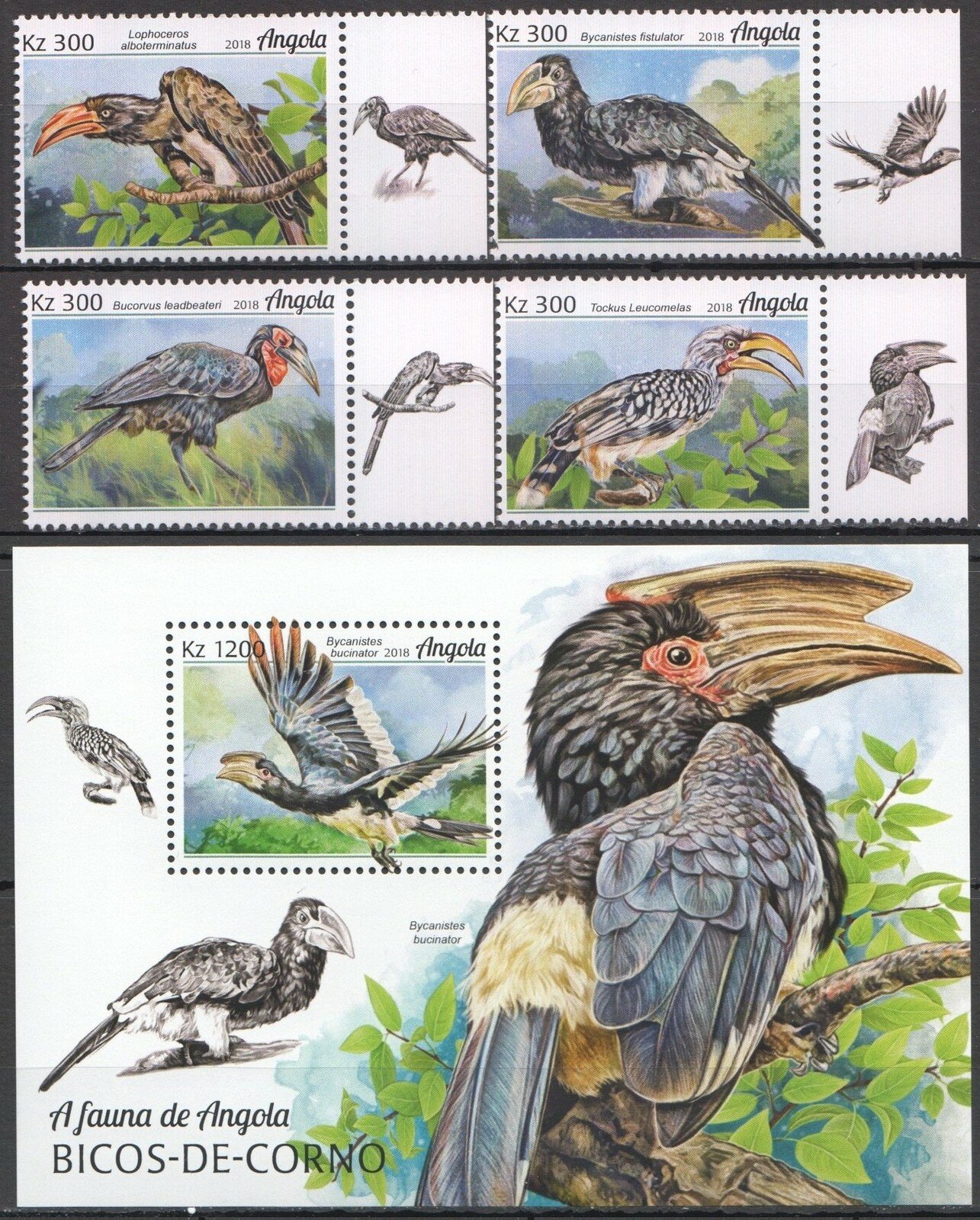 Марки 2018 год Ангола Птицы-носороги Птицы Фауна #1961-1964+Bl158 Mnh