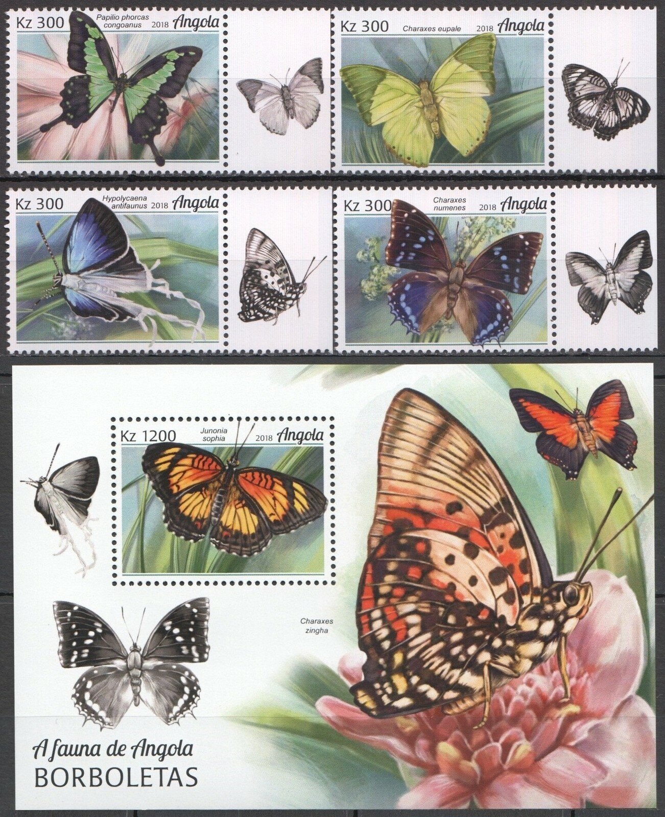 Марки 2018 год Ангола Бабочки Цветы Фауна Природа #1926-1929+Bl151 Mnh