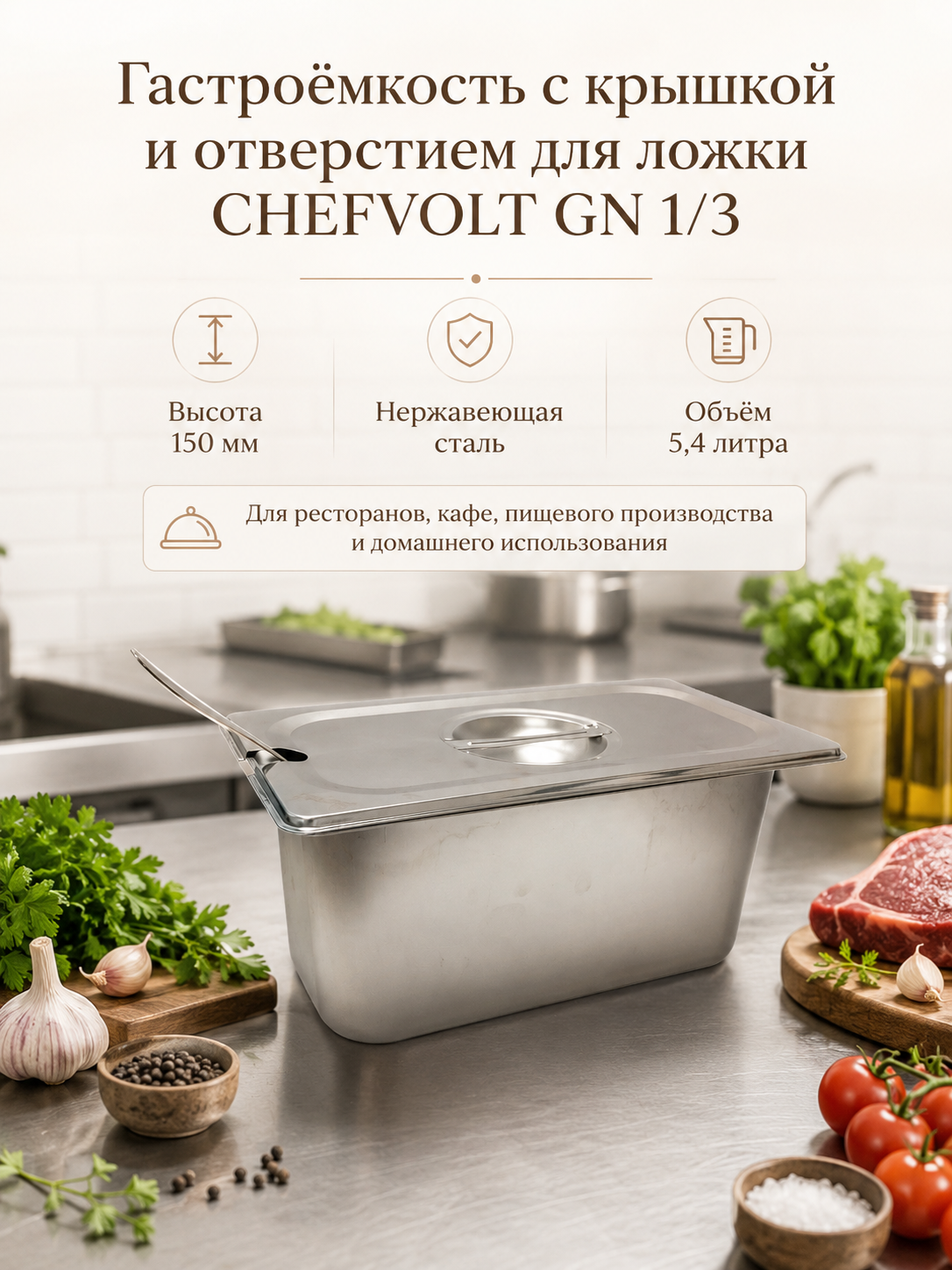 Гастроемкость GN 1/3-150 мм с крышкой, c отверстием для ложки, нерж. сталь CHEFVOLT