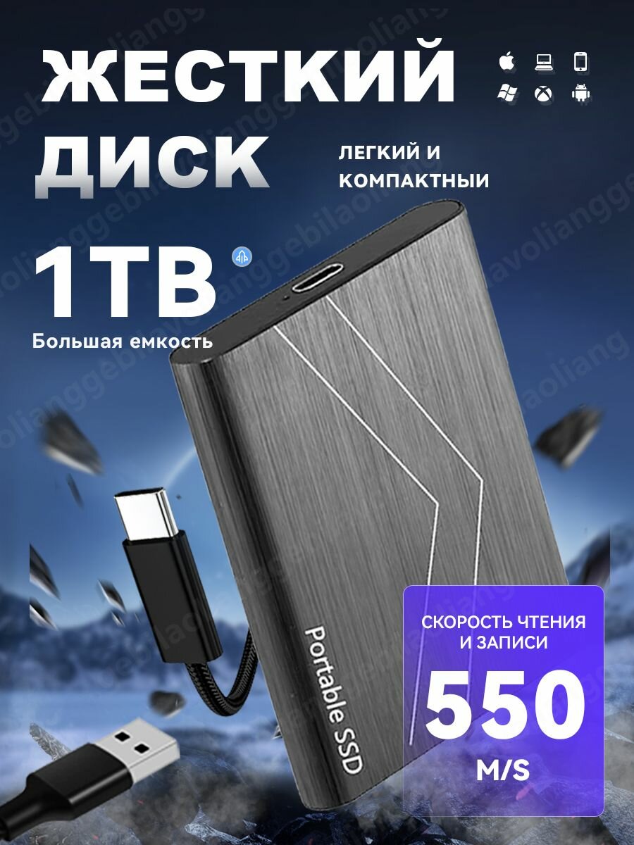 1 ТБ Внешний жесткий диск SSD, Композит, черный матовый