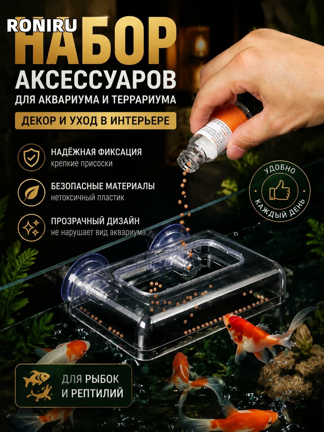 Набор аксессуаров для аквариума и террариума - декор и принадлежности для ухода за рыбками и рептилиями в интерьере