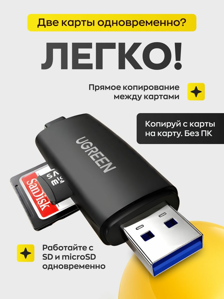 Картридер портативный UGREEN CM304 (80191) Multifunction USB-C +USB TF/SD 3.0 Card Reader