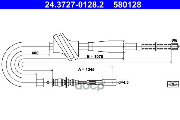 Трос ручного тормоза [барабан.] L AUDI 80 [B3] 1,6/1,6D-TD/1,9D 09/86-10/91 Ate арт. 24-3727-0128-2