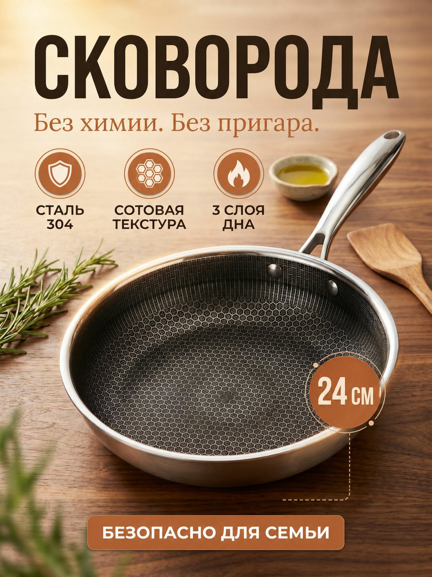 Сковорода с сотами, 24 см, без крышки, с фиксированной ручкой