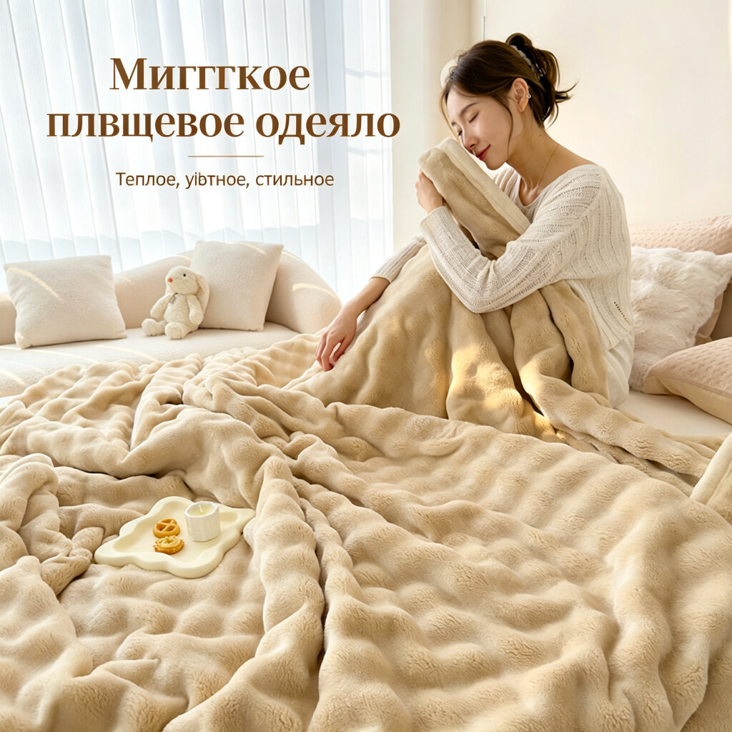 Фланелевое одеяло 200х230см, двустороннее, ворсовое, из кораллового флиса, Хаки