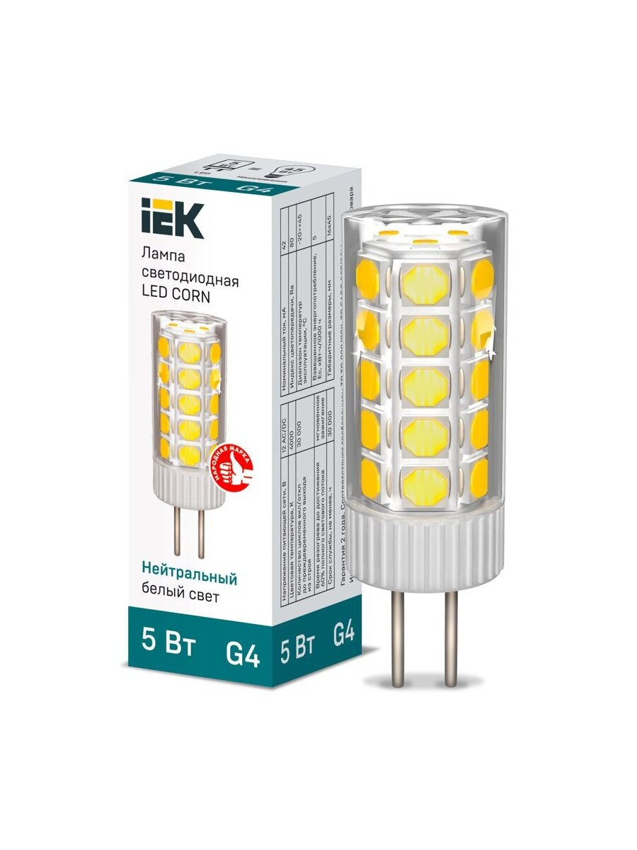 Лампа светодиодная Corn 5Вт капсульная 4000К нейтр. бел. G4 12В керамика IEK LLE-Corn-5-012-40-G4