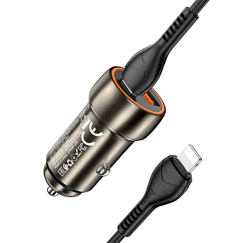 Автомобильное зарядное устройство Hoco / QC 3.0 /USB/Type-C/+ кабель Type-C-Lightning, 3 А /серый