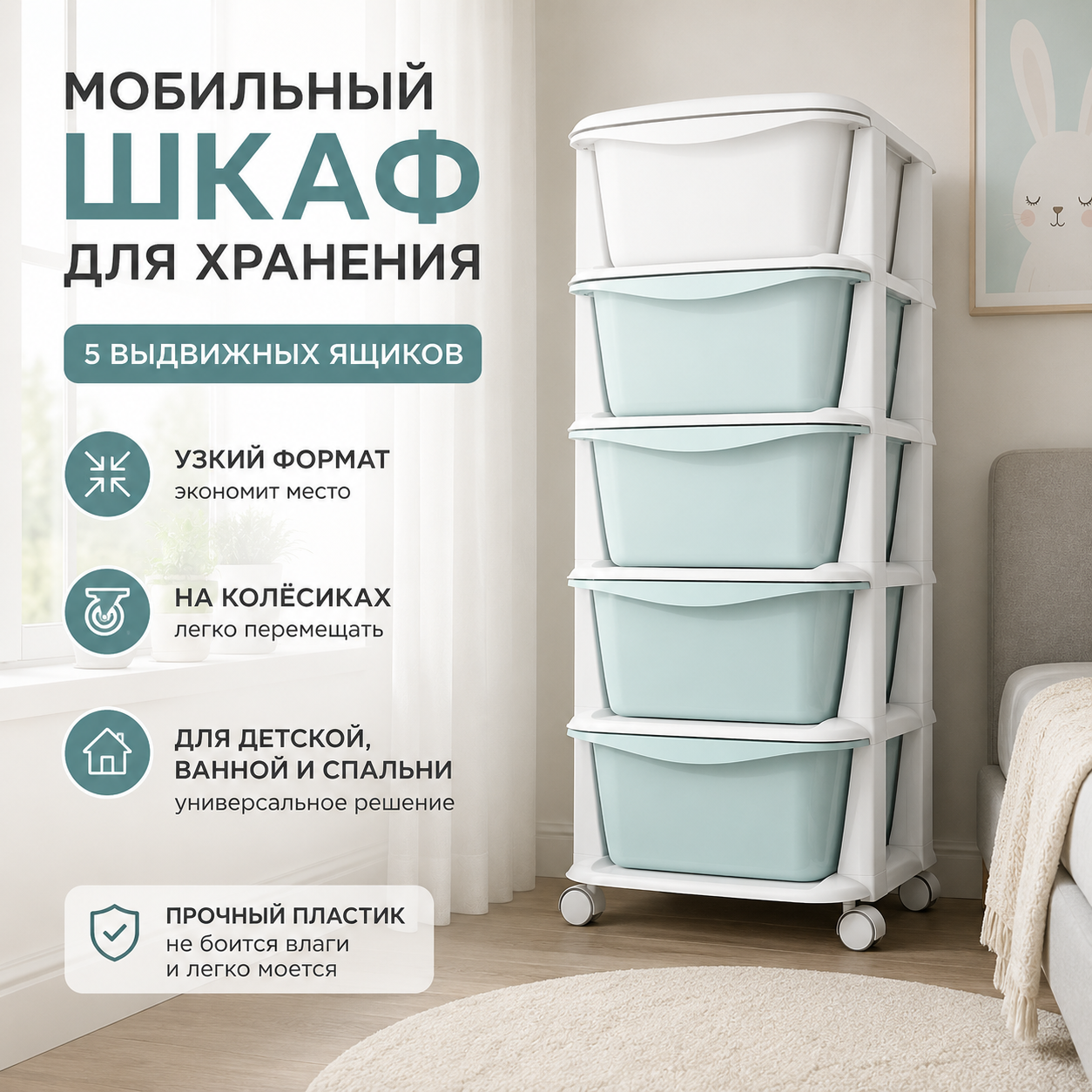 Мобильный комод с 5 выдвижными ящиками, пластиковый органайзер на колесиках, хранение вещей и игрушек