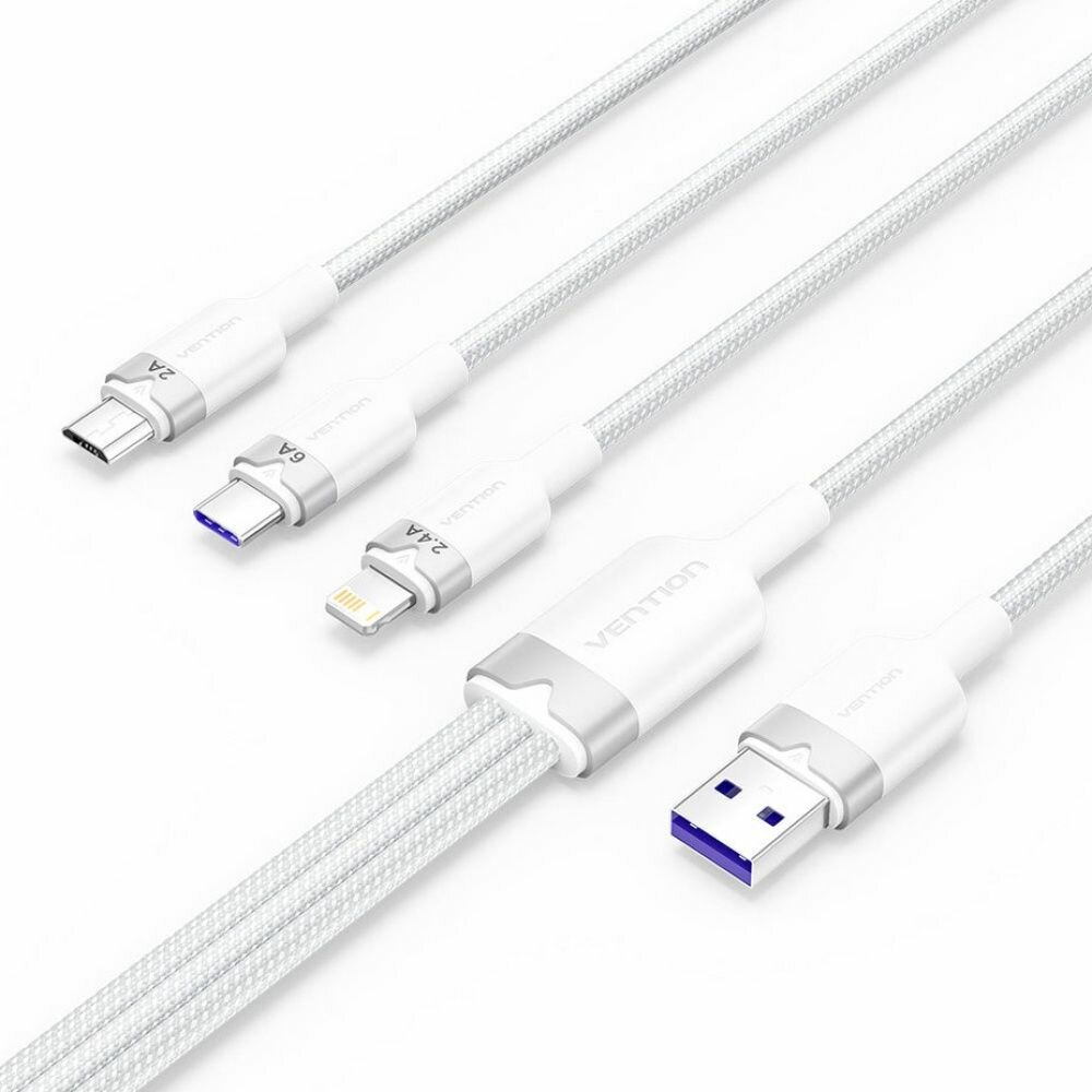 Кабель Vention 3 в 1 USB 2.0 AM/ Micro-B, USB-C, Lightning M - 1.5м. Белый 6A, шт.