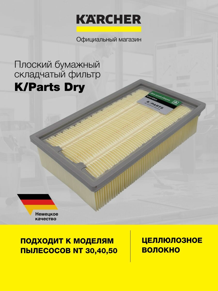Плоский складчатый бумажный фильтр K/Parts Dry (8.441-830.0) для сухой уборки, подходит к сериям NT 30,40,50