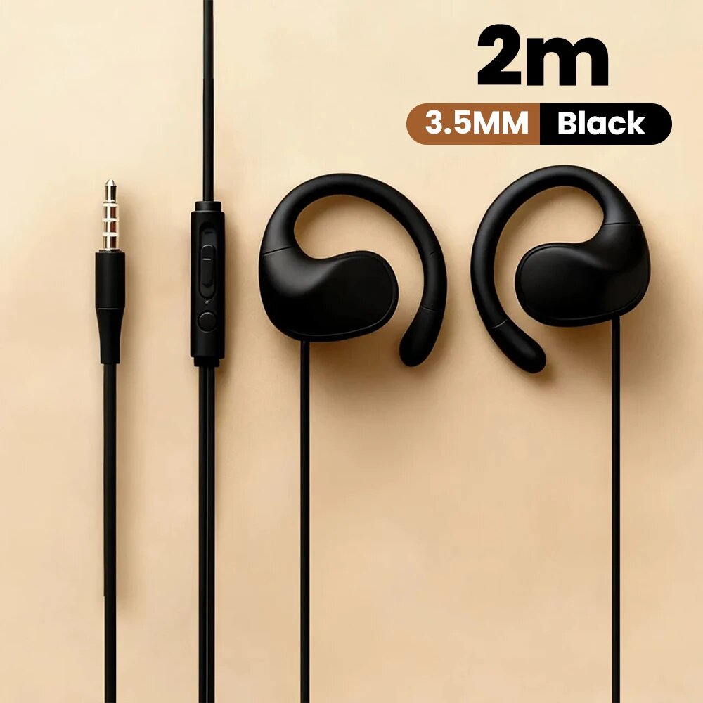 Проводные наушники с заушным креплением, 2m, 3.5mm, Black