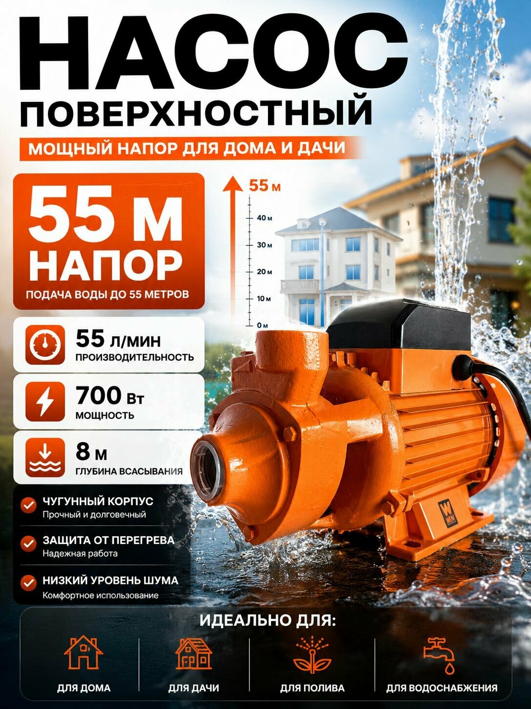 Насос поверхностный для воды 700 Вт, 55 л/мин, напор 55 м, глубина всасывания 8 м, самовсасывающий насос для дома, дачи, полива