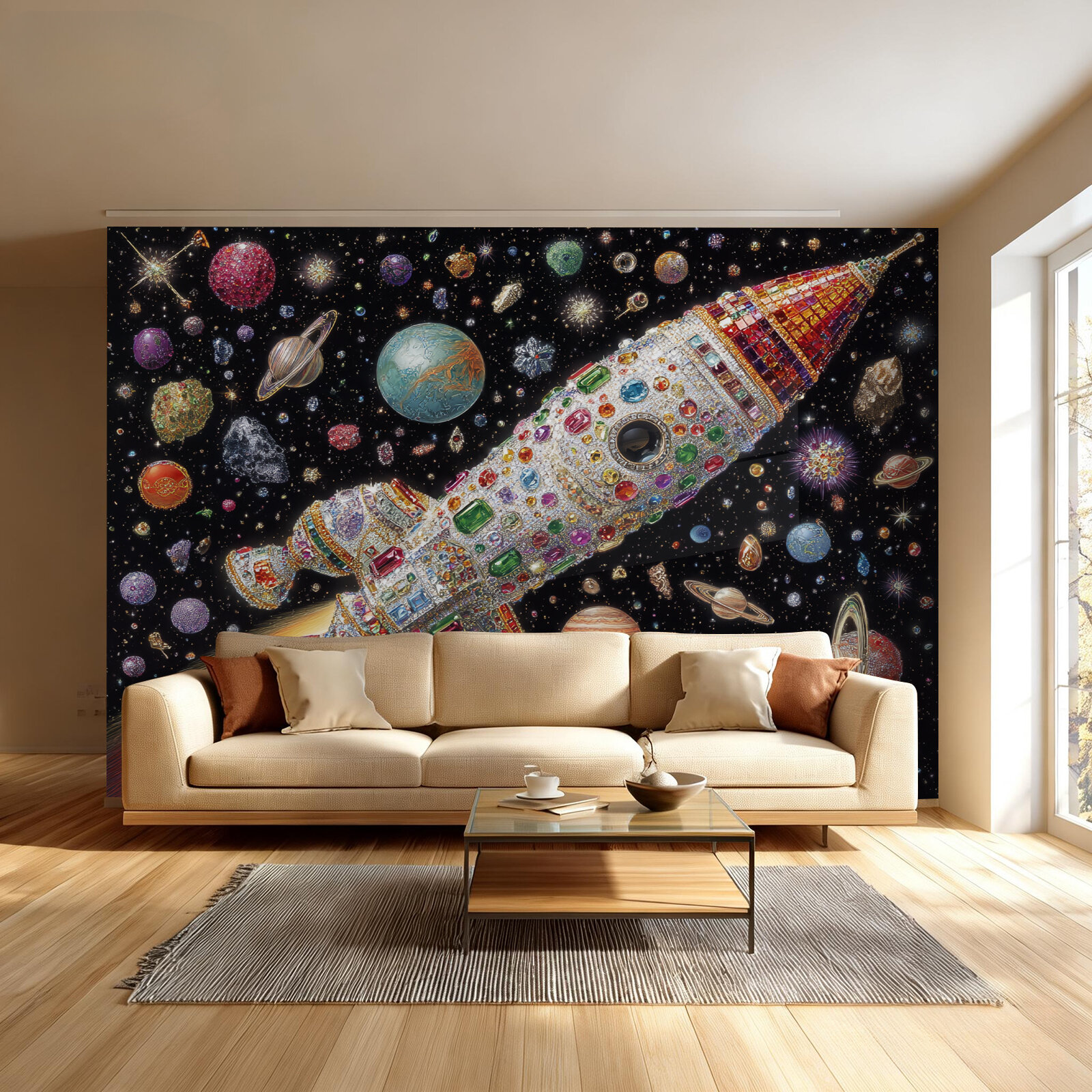 Ракета Фотообои на холсте в спальню 194х136CM, Планета Фреска Cамоклеящиеся, Гостиная Фреска, Утолщенный матовый