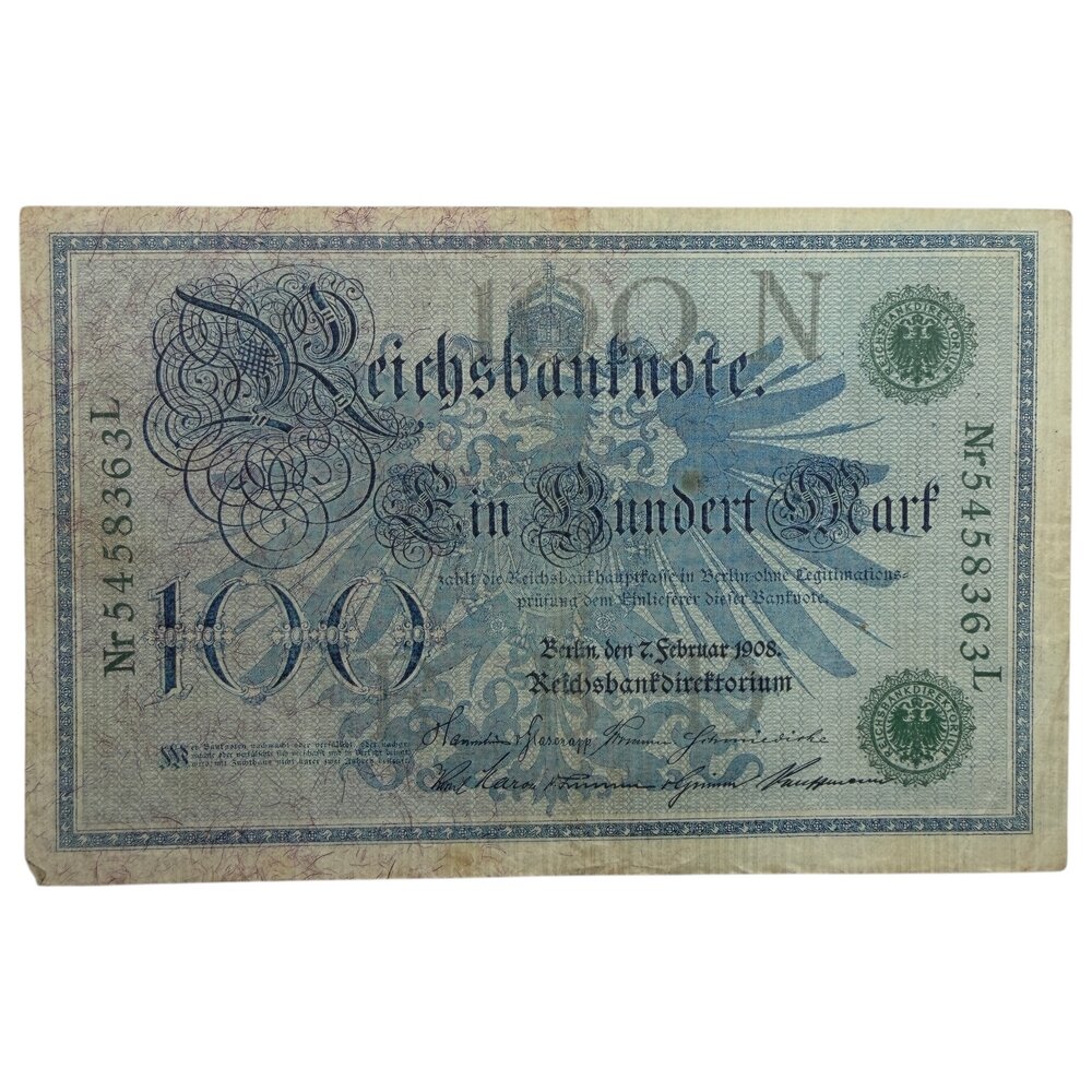 Германская империя (Германия) 100 марок 1908 г. (Зелёные печати) (Литера N) (Серия L)