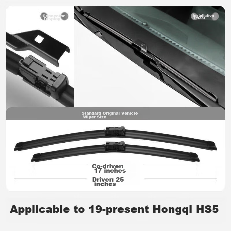 Paisu Compatible Windshield Wipers for 2019-2024 Hongqi HS5, Original Factory-Installed Front Wiper Blades, Rubber Strips, Quiet, 2019 2020 2021 2022 2023 2024 Models, 25+17 Inches, 1 Pair, Square Connector