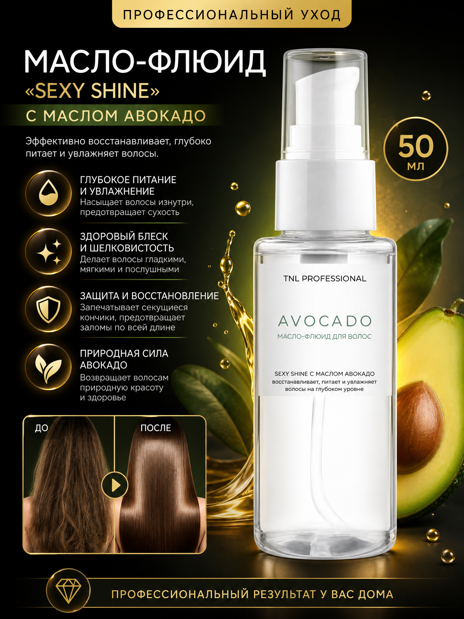 Масло-флюид для волос TNL Sexy Shine с маслом авокадо, 50 мл