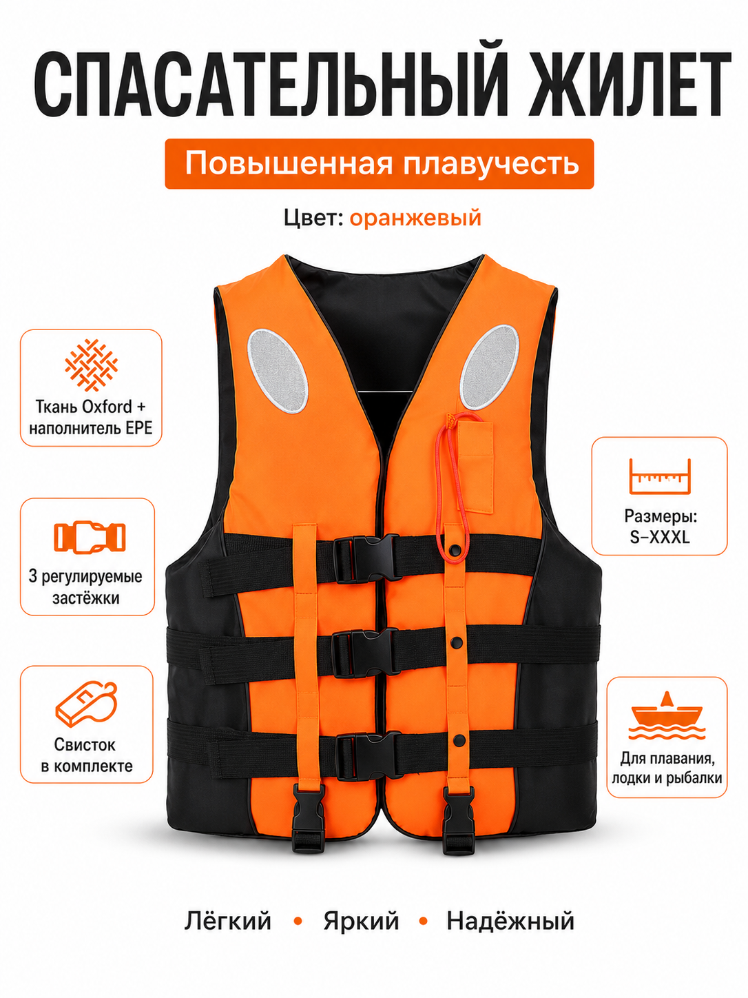 Жилет спасательный для воды, для рыбалки и катера, лёгкий, яркий, регулируемый, Спасательный жилет, размер: XXXL
