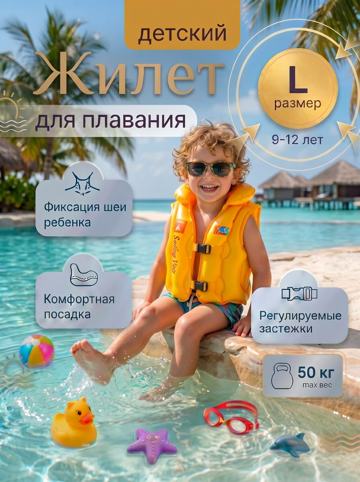 Жилет для плавания детский , жилет спасательный надувной для купания в море и бассейне для детей , размер L (А) ( 9-12 лет), желтый