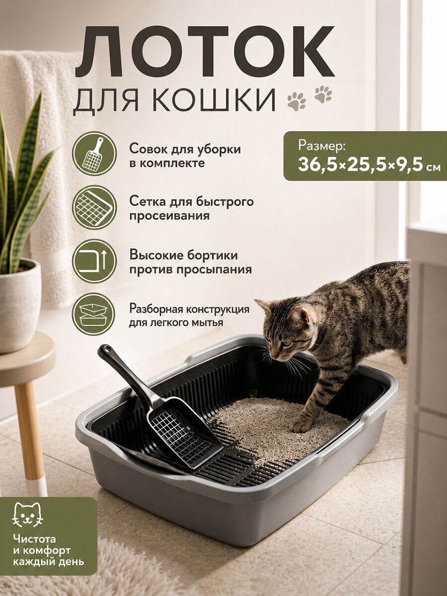 Туалет для кошек и котят с сеткой и совком, 36,5х25,5х9,5 см, серебристый/черный