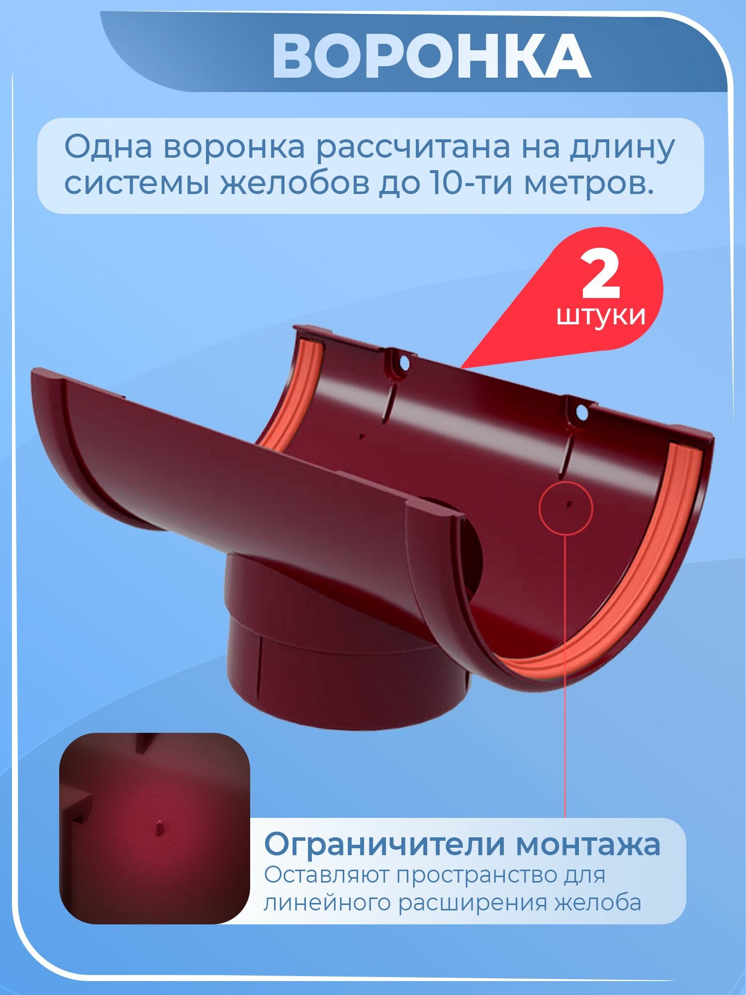 Grand Line воронка желоба 2 штуки для водосточной системы RAL 3005 ( бордо ) Элемент водостока Гранд (120 мм/90 мм) ПВХ комплект для крыши вишневый