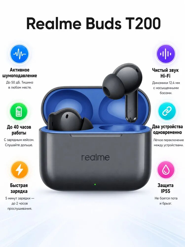 Realme Наушники беспроводные с микрофоном realme Buds T200, Bluetooth, USB Type-C, темно-серый